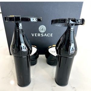 Versace | Shoes | Versace Patent Leather Platform Sandal With Gold ...